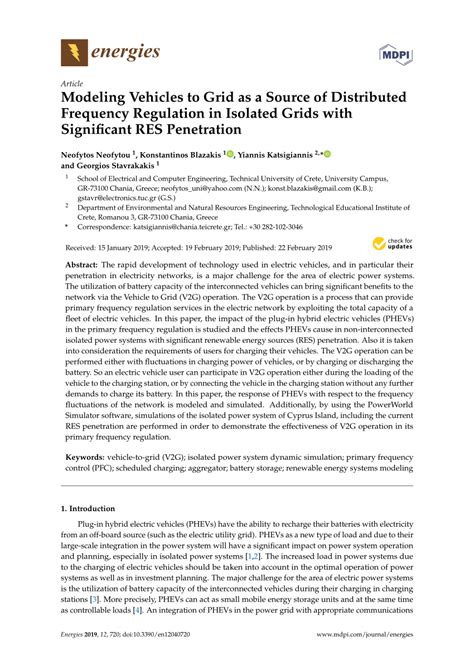 Pdf Modeling Vehicles To Grid As A Source Of Distributed Frequency Regulation In Isolated
