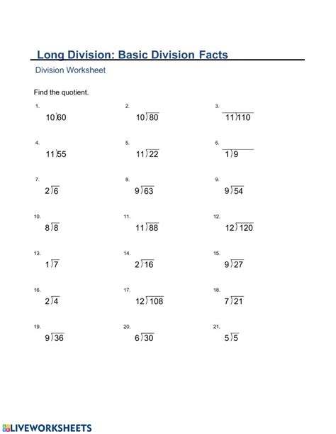Basic Division Facts Worksheet