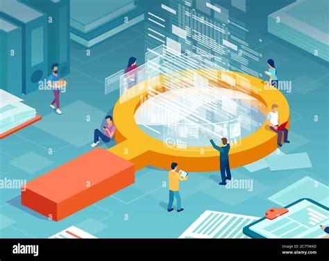 Isometric Vector Of A Magnifying Glass And People Team Working Conducting Data Analysis Stock
