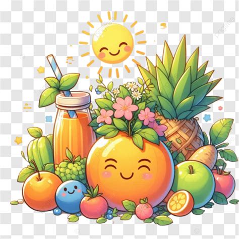 다양한 종류의 과일과 태양이 투명한 배경에서 웃고 있는 3d 만화 그림 다양한 종류의 과일과 태양이 웃고 있는 3d 만화 그림 투명한 배경에 만화 Png 일러스트 및