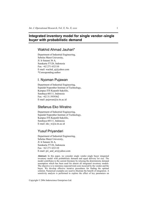 Pdf Integrated Inventory Model For Single Vendor Single Buyer With