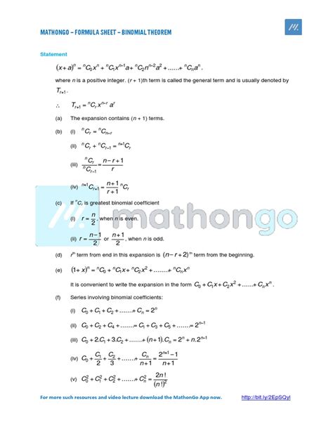 Mathongo Formula Sheet Binomial Theorem A C A N C A X C X C A X Pdf Elementary