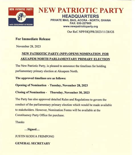 Npp Opens Nomination For Akuapem North Parliamentary Primaries
