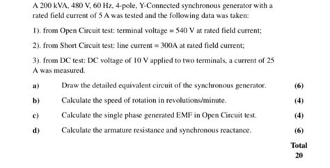 Solved A 200kva 480 V 60 Hz 4 Pole Y Connected Synchronous