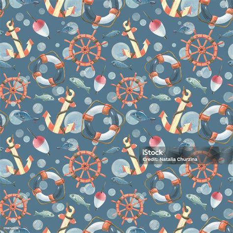 닻 배의 바퀴 구명 부표 물고기와 거품으로 낚시 플로트 수채화 손으로 그린 그림입니다 완벽 한 패턴 끝없이 반복되는 장식 파란색 배경 구명 기구에 대한 스톡 벡터 아트 및