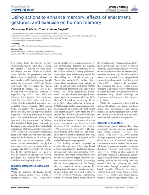 Pdf Using Actions To Enhance Memory Effects Of Enactment Gestures And Exercise On Human Memory