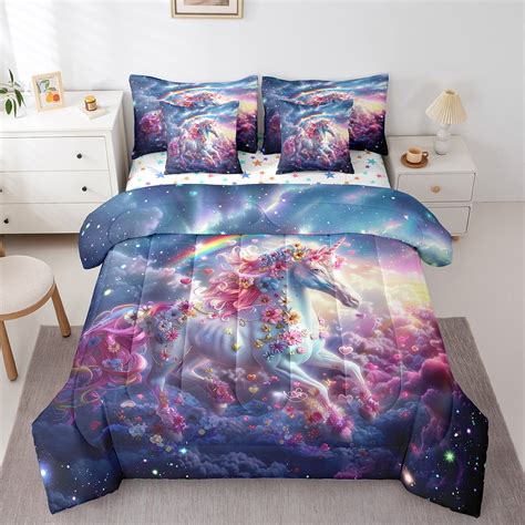 7 Pcs Twin Size Rainbow Unicorn Bedding Set Cute Cartoon Unicorn Bed In