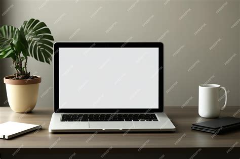 책상 위에 빈 화면이 있는 노트북 모형 작업 공간을 위한 제품 개념의 몽타주를 위한 복사 공간이 있는 작업 공간을 위한 모의 탁상 나무 책상 프리미엄 사진