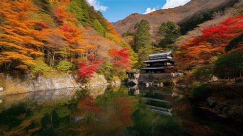 강 옆 가을 사원 사기이케와 우키미도의 단풍 풍경 고화질 사진 사진 물 배경 일러스트 및 사진 무료 다운로드 Pngtree