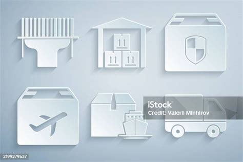 상자가있는 화물선 배송 보안 방패 비행기 및 판지 화물 트럭 차량 창고 및 스캐너 스캔 바코드 아이콘을 설정합니다 벡터 3차원 형태에 대한 스톡 벡터 아트 및 기타 이미지