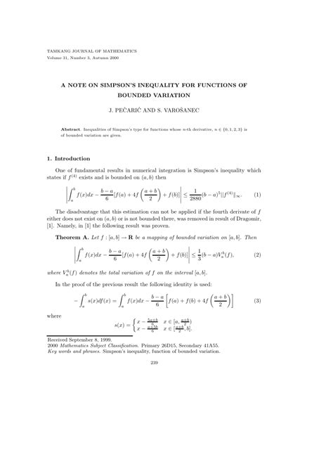 Pdf A Note On Simpsons Inequality For Functions Of Bounded Variation