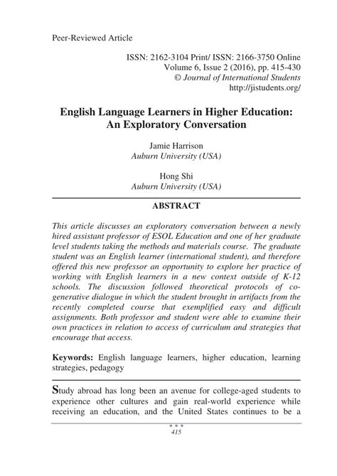 Pdf English Language Learners In Higher Education An Exploratory Conversation