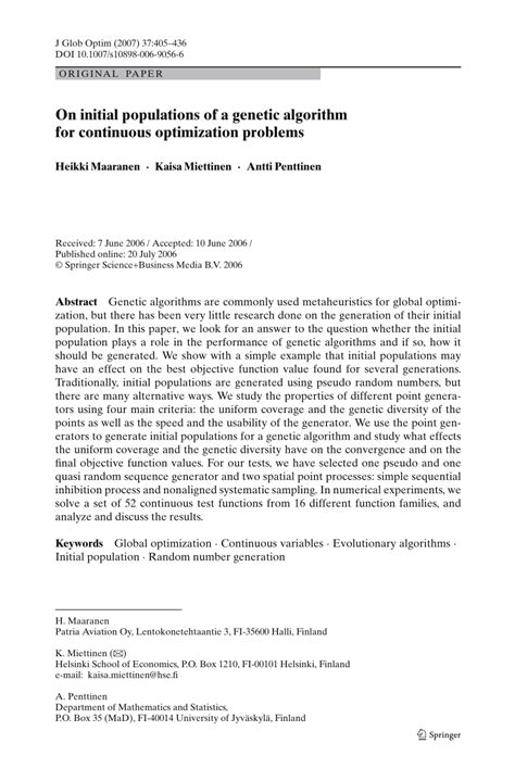 Pdf On Initial Populations Of A Genetic Algorithm For Continuous Optimization Problems