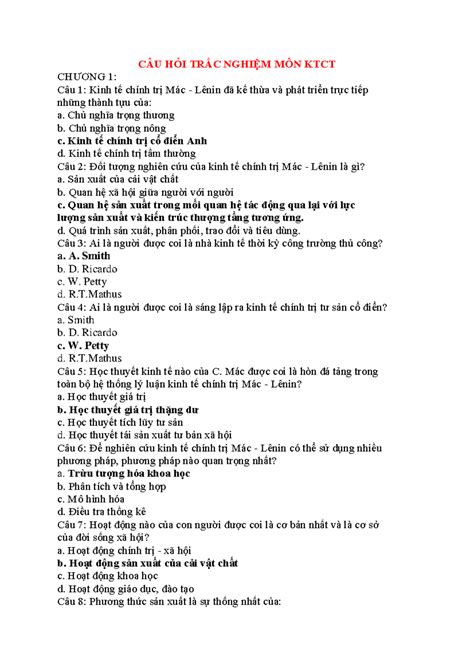 Bo Trac Nghiem Ktctml Trắc Nghiệm Ktct Mới Nhất CÂu HỎi TrẮc NghiỆm MÔn Ktct ChƯƠng 1 Câu 1