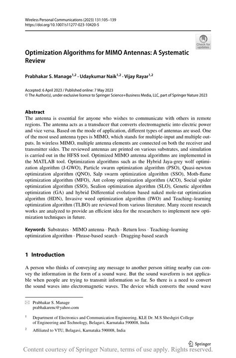 optimization algorithms for mimo antennas a systematic review