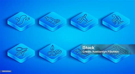 세트 라인 에스컬레이터 물병 비행기 이륙 가위 가방 공항 터미널에서 대기 하는 인간 비행기 검색 및 달력 및 비행기 아이콘 벡터 0명에 대한 스톡 벡터 아트 및 기타 이미지