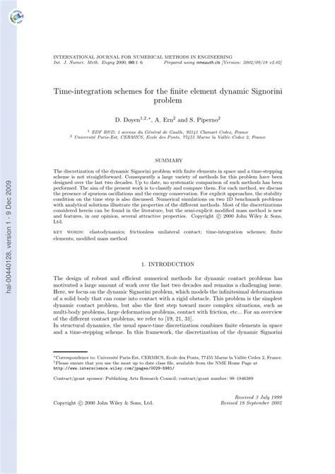 Pdf Time Integration Schemes For The Finite Element Dynamic Signorini Problem