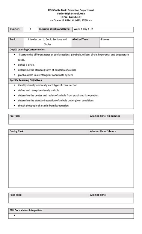 [pre Calculus] Week 1 Computation On Conic Sections Feu Cavite Basic Education Department