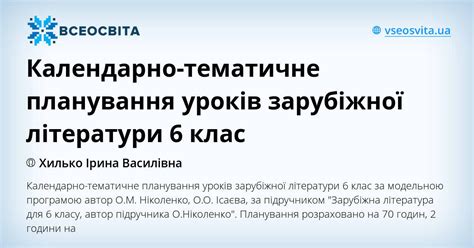Календарно тематичне планування уроків зарубіжної літератури 6 клас КТП Зарубіжна література