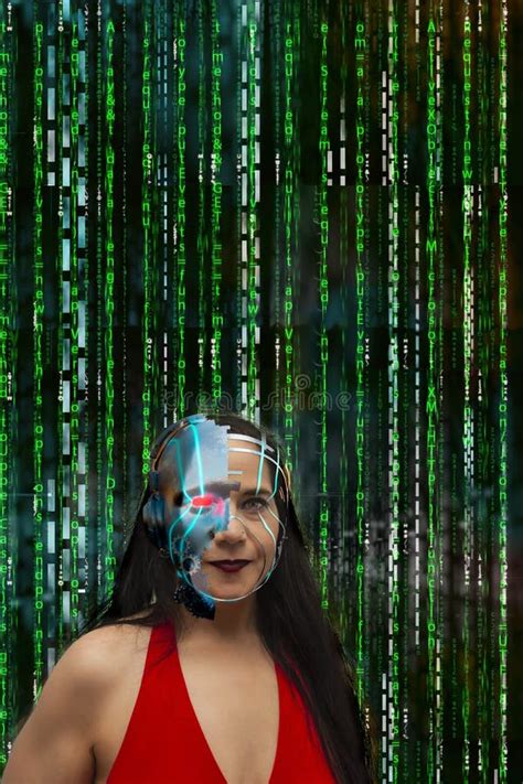 Metal Structure Exposed In Humanoid Half Robot Surrounded By Letters Falling In A Binary Code