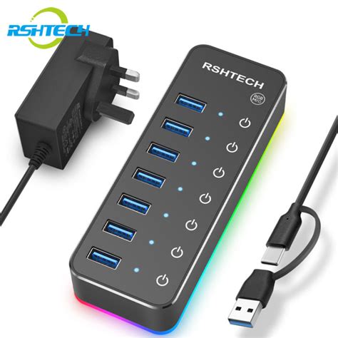 Rshtech 518r Powered Usb Hub Rgb 7 Ports Usb 3 0 Usb C Hub With 14 Mode Rgb Led Strip Individual