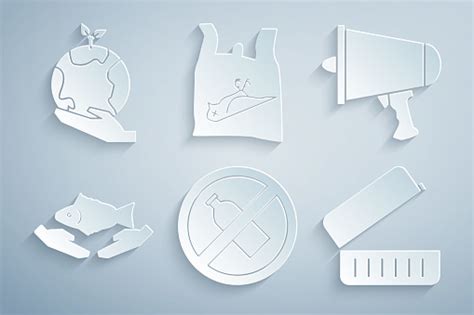 플라스틱 병을 설정 단어를 확산 메가 폰 물고기 관리 도시락 상자 죽은 새 손으로 지구 지구 아이콘을 들고 벡터 0명에 대한 스톡 벡터 아트 및 기타 이미지 Istock