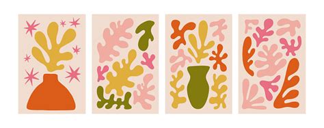 추상적인 꽃 포스터 Matisse는 영감을 받았습니다 꽃무늬 컷아웃 디자인의 트렌디한 식물 벽 예술 현대적인 그루비 펑키 인테리어 장식 벡터 아트 그림입니다 덴마크 파스텔