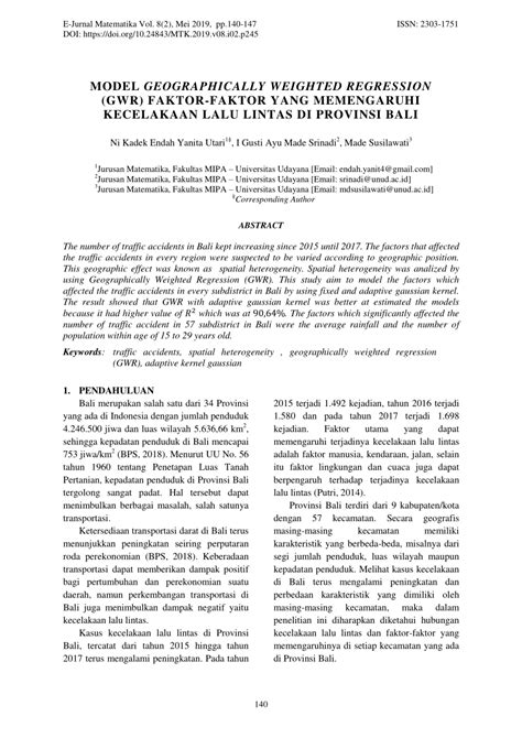Pdf Model Geographically Weighted Regression Gwr Faktor Faktor Yang Memengaruhi Kecelakaan