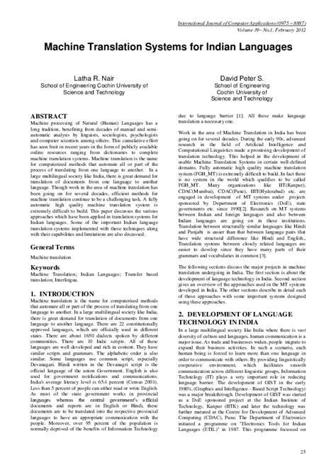Pdf Machine Translation Systems For Indian Languages Latha Nair