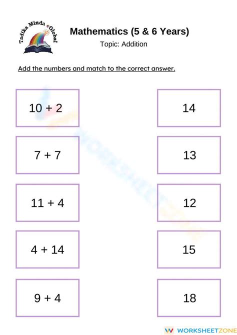 5 And 6 Years Mathematics Addition Worksheet