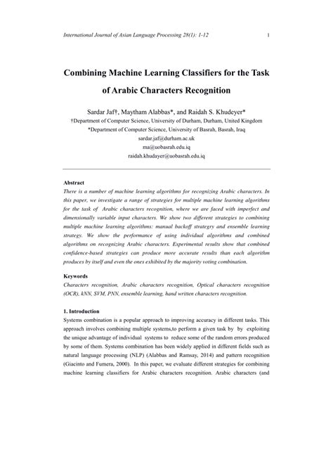 Pdf Combining Machine Learning Classifiers For The Task Of Arabic Characters Recognition