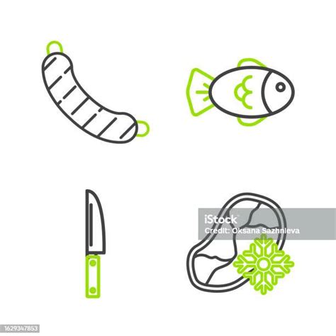 세트 라인 신선한 냉동 스테이크 고기 칼 생선 및 소시지 아이콘입니다 벡터 고기에 대한 스톡 벡터 아트 및 기타 이미지 고기