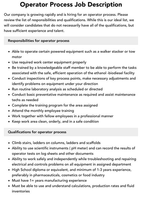 Operator Process Job Description Velvet Jobs