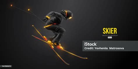 검은 배경에 스키의 추상적인 실루엣 트릭을 하는 스키어 남자 조각 벡터 그림 3차원 형태에 대한 스톡 벡터 아트 및 기타 이미지