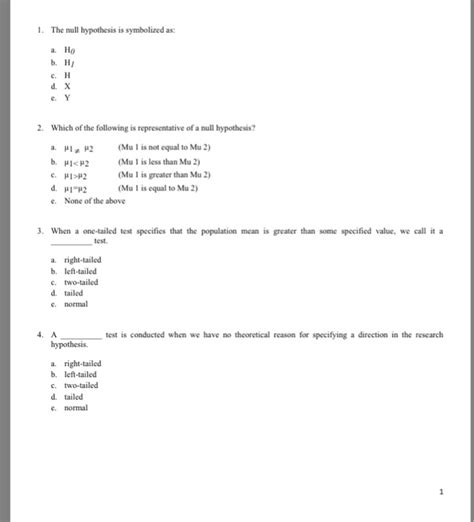 Solved 1 The Null Hypothesis Is Symbolized As A E 2
