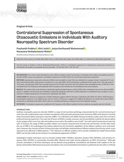 Pdf Contralateral Suppression Of Spontaneous Otoacoustic Emissions In Individuals With