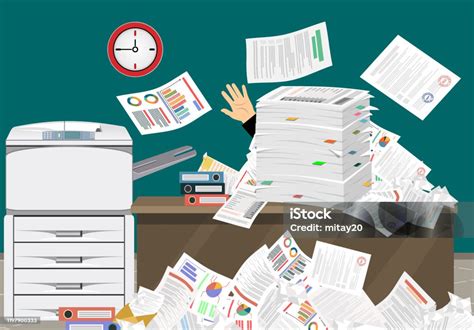 서류 더미에 사업가 사무실 다기능 기계 서류 과로 사무실 프린터 복사 스캐너 장치입니다 Proffesional 인쇄 스테이션 일러스트 플랫 스타일 종이에 대한 스톡 벡터