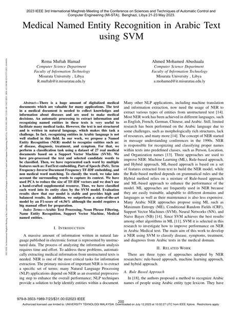 pdf medical named entity recognition in arabic text using svm