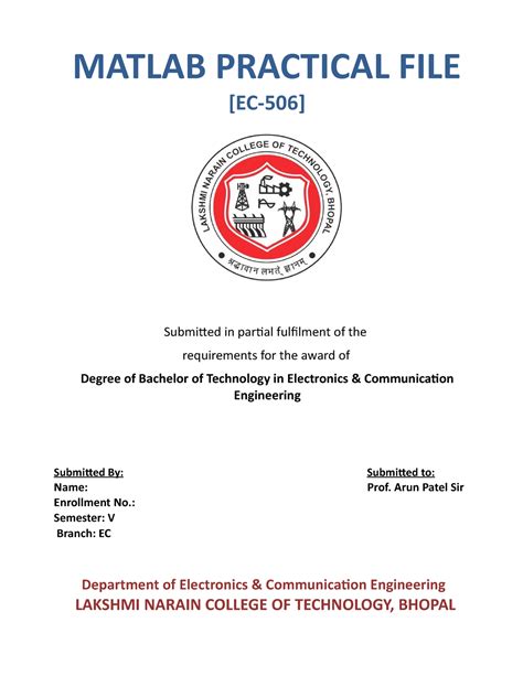 Matlab File Matlab Practical File Ec 506 Submitted In Partial Fulfilment Of The Requirements