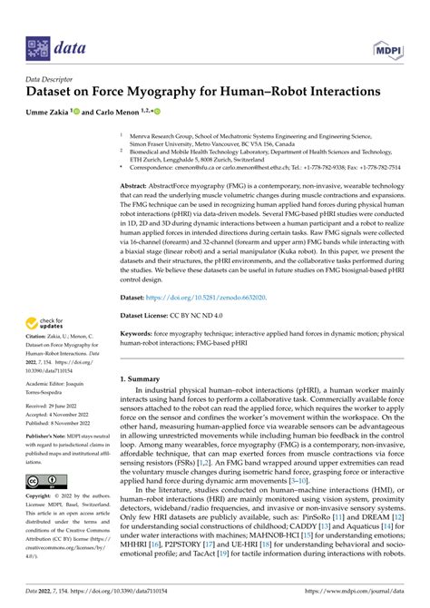 Pdf Dataset On Force Myography For Humanrobot Interactions