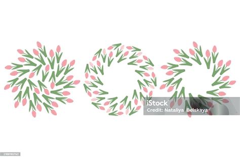 블라썸 튤립 2 서클 프레임과 트렌디 한 옅은 핑크색의 둥근 배경 공간 복사 템플릿 세트 3 0명에 대한 스톡 벡터 아트 및 기타 이미지 Istock