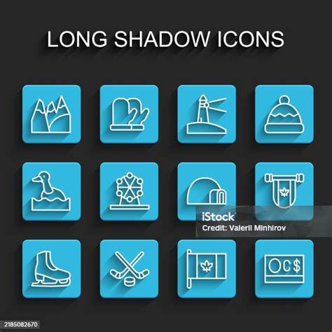 세트 라인 스케이트 아이스 하키 스틱과 퍽 산 캐나다 국기 캐나다 달러 관람차 페넌트 및 이글루 아이스 하우스 아이콘 벡터 0명에 대한 스톡 벡터 아트 및 기타 이미지