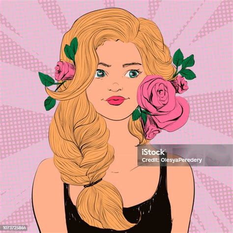 꽃과 꼬리 헤어스타일 젊은 아름 다운 여자 벡터 만화 다채로운 그림입니다 꽃 식물에 대한 스톡 벡터 아트 및 기타 이미지 꽃