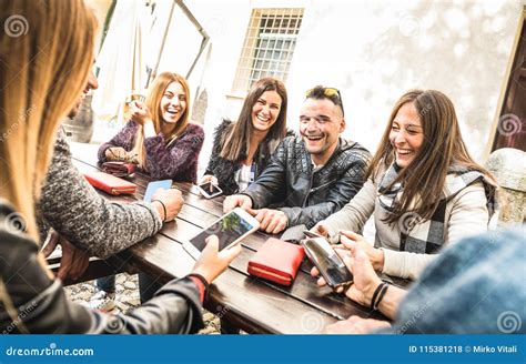 Millennial Friends Group Having Fun Using Mobile Smart Phone Y Stock