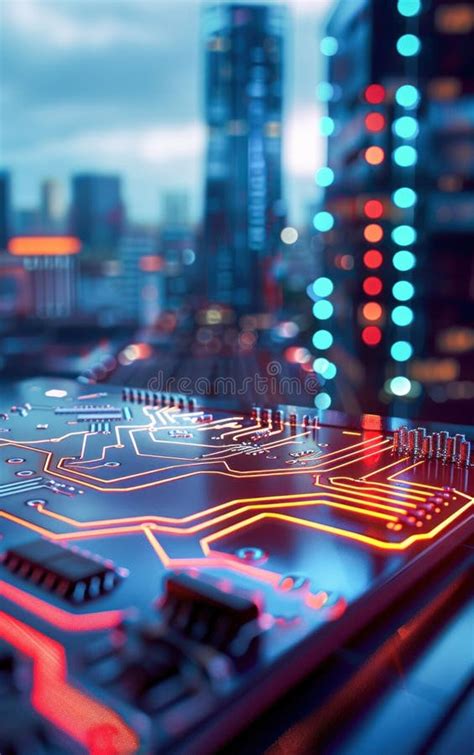 Abstract Circuit Board With Cityscape Background Generative Ai Stock Illustration