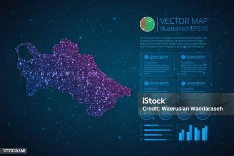 투르크메니스탄 지도 인포그래픽 템플릿은 다이어그램 그래프 프리젠테이션 및 차트에 파란색 배경에 추상적인 기하학적 메쉬 다각형