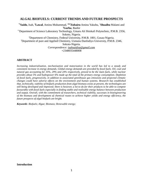 PDF ALGAL BIOFUELS CURRENT TRENDS AND FUTURE PROSPECTS