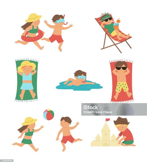 여름 활동을하는 아이들과 벡터 세트 해변에서 놀고있는 아이들 귀여운 소녀와 소년 수영 공을 재생 모래성을 구축하고 태양에 누워 재미있는 여름 일러스트 바다에 대한 스톡 벡터