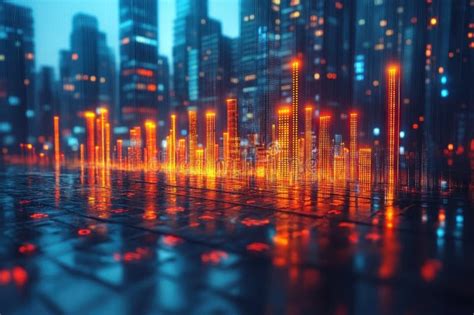 Dynamic City Landscape With Glowing Data Visualization At Night
