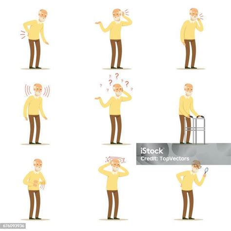 노인 질병 통증 문제에 다시 목 팔 심 혼 무릎과 머리 노인 건강 화려한 만화 캐릭터 상세한 벡터 일러스트 레이 션의 설정 개념에 대한 스톡 벡터 아트 및 기타 이미지